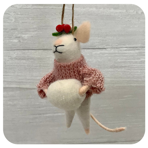 Mouse with Pink Knitted Sweater and Hand Warmer - Davenport Garden Centre