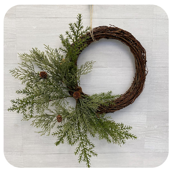 Half Wreath with Faux Cedar and Pinecones - Davenport Garden Centre